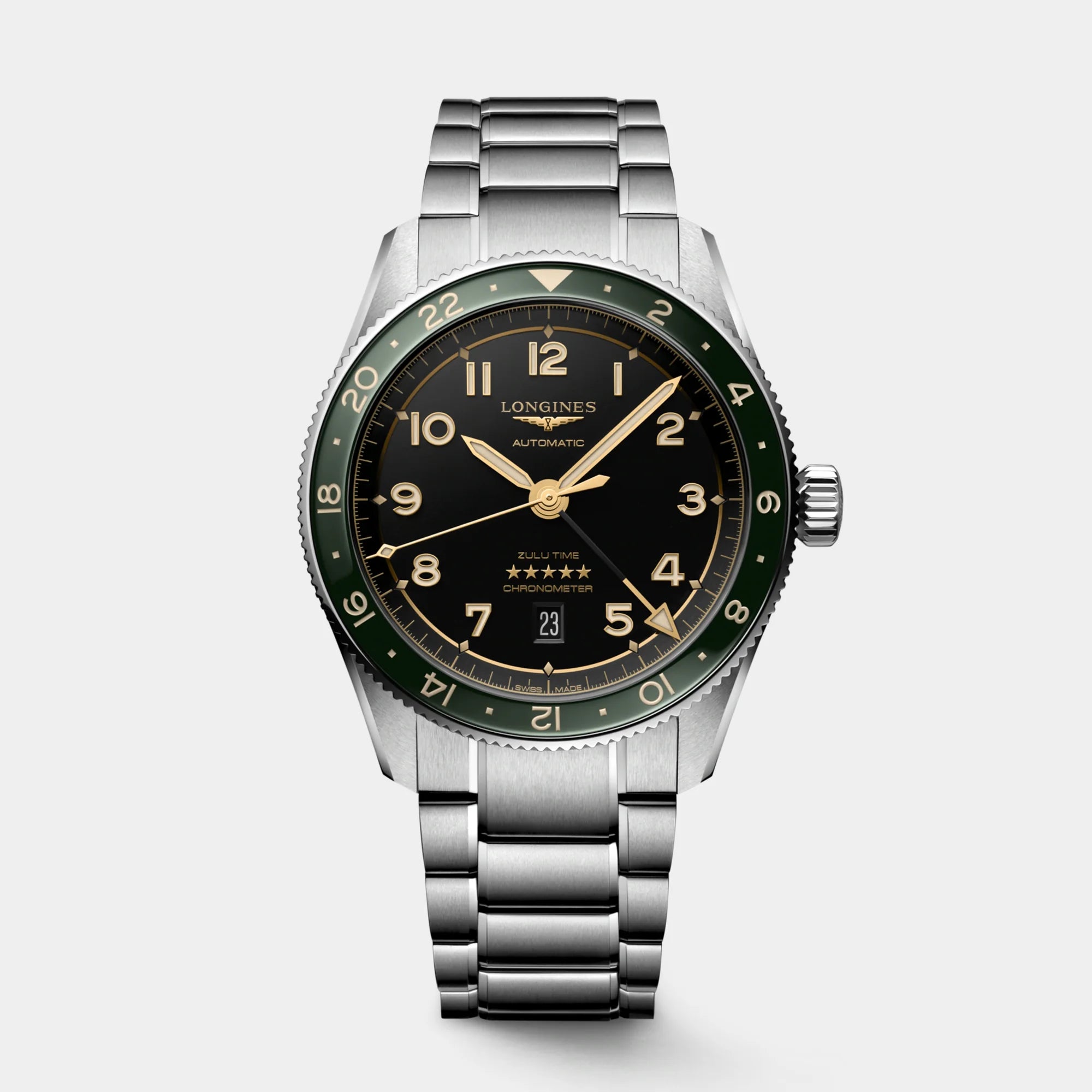 Longines | Spirit Zulu Time 42mm - Black Dial Green Bezel on Bracelet